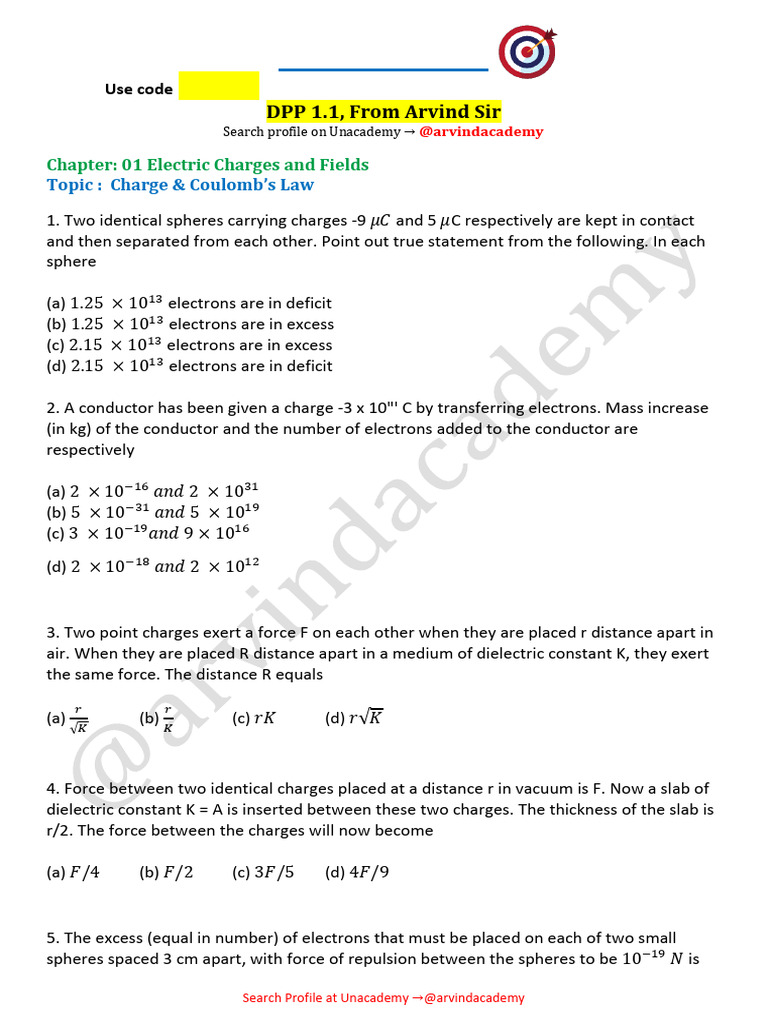 1.1 Chap 01 Electric Charges and Fields DPP 1.1 | PDF | Electron | Force