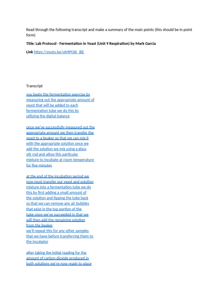 Yeast Fermentation Lab Protocol Summary | PDF