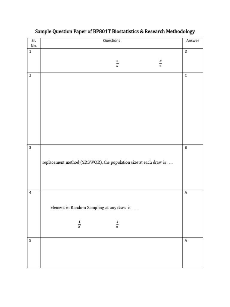 Sample MCQ Question Peper of Subject BP801T - Biostatistic and Research ...
