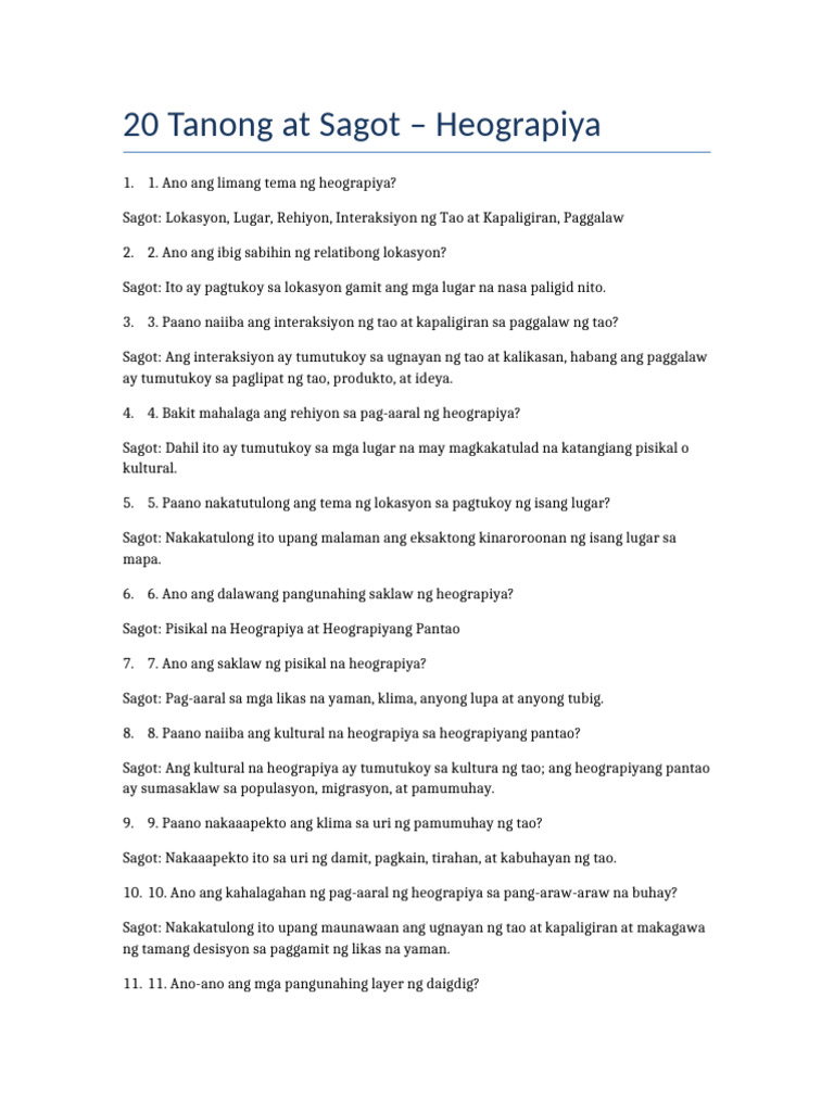 20 Tanong at Sagot Heograpiya | PDF