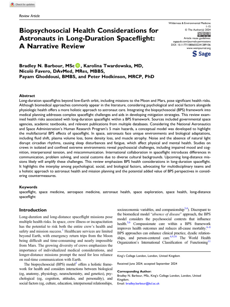 Biopsychosocial Health Considerations For Astronauts in Long-Duration Spaceflight A Narrative ...
