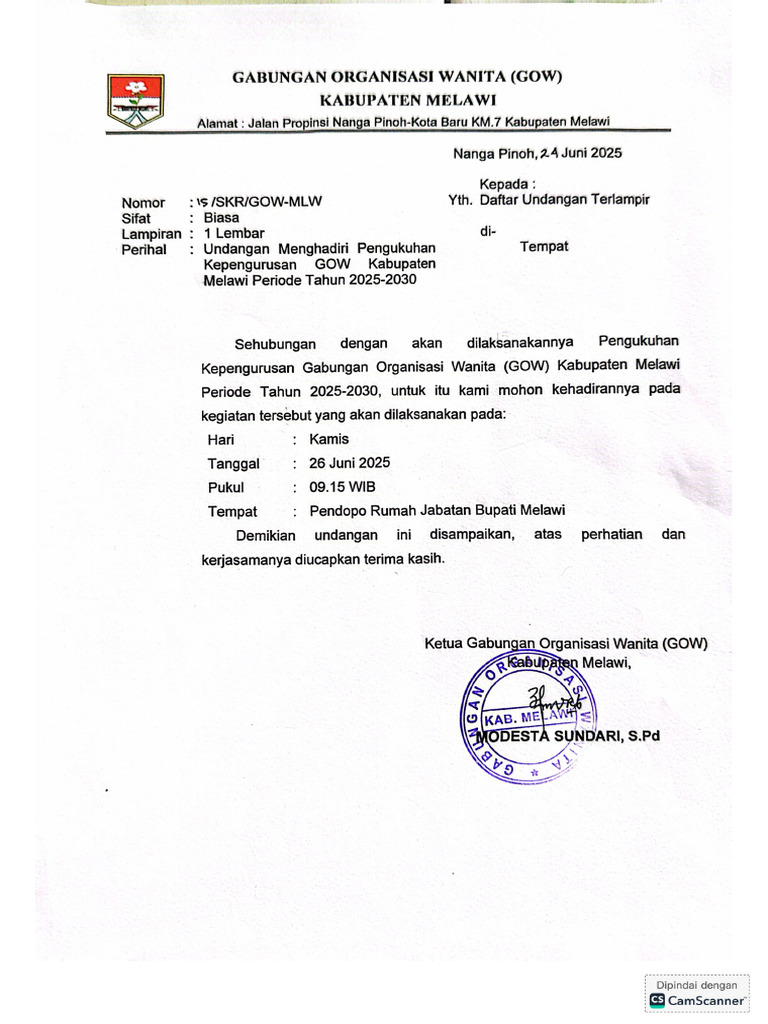 Undanga Pengukuhan Kepengurusan GOW | PDF