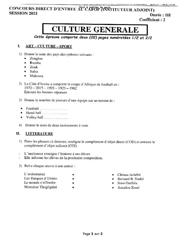 CAFOP ANCIENS SUJETS Et Corrigés | PDF