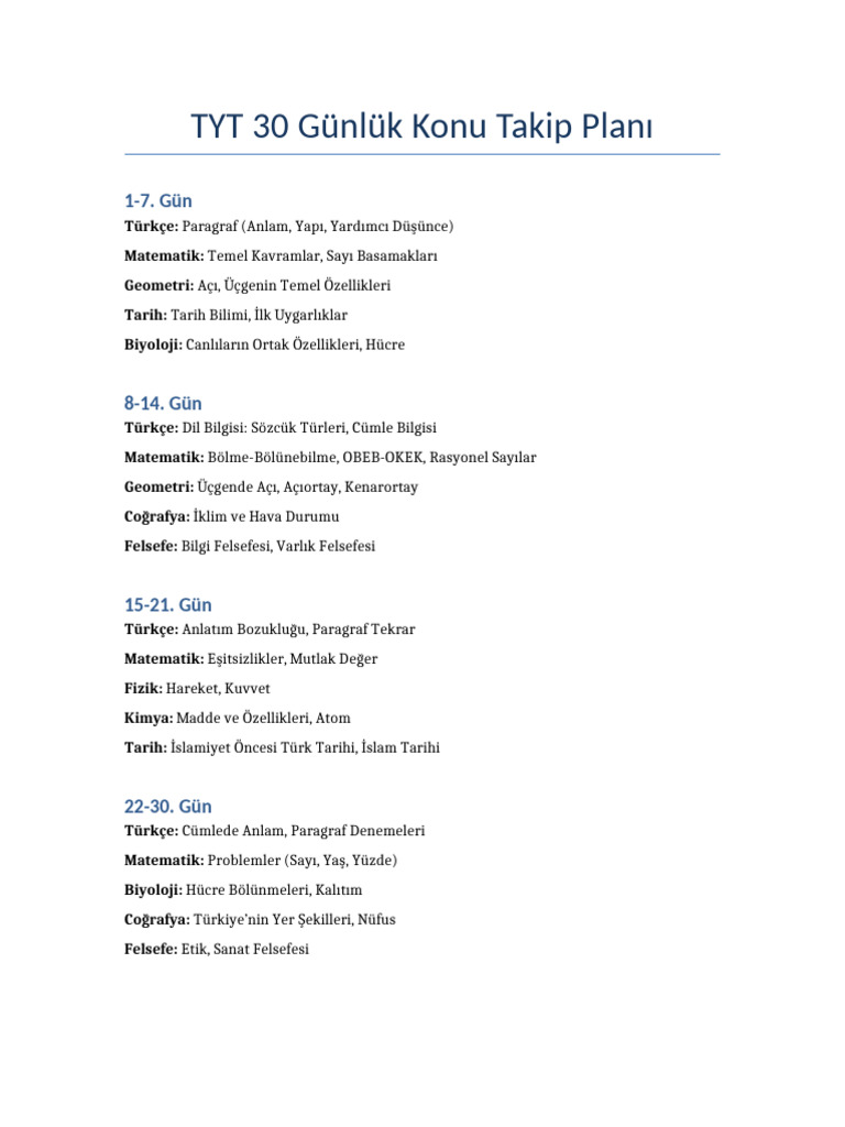 TYT 30 Gunluk Konu Plani | PDF