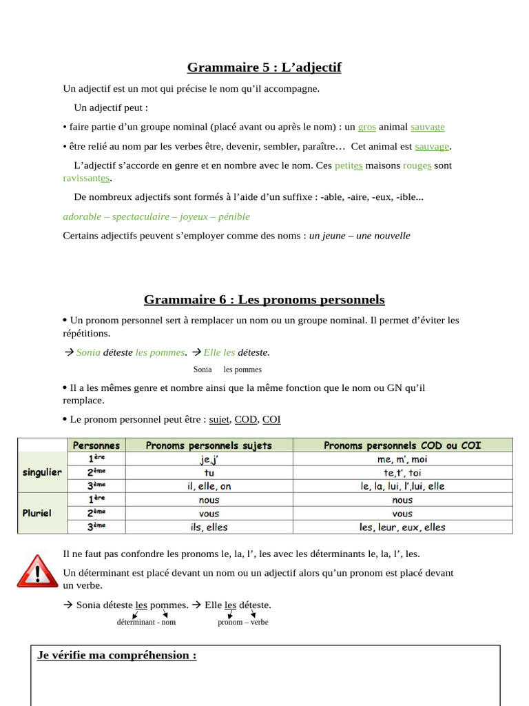 Grammaire 5-6 - Adjectif-Pronom Personnels | PDF | Pronom | Adjectif