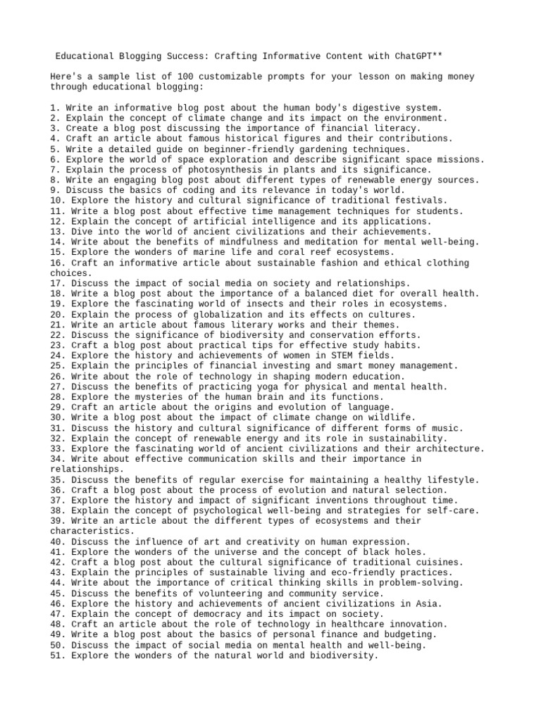 100 Prompts for Educational Blogging Success | PDF | Sustainability ...
