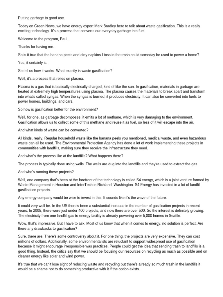 QS Skill U6 Listening Script | PDF | Waste | Gasification