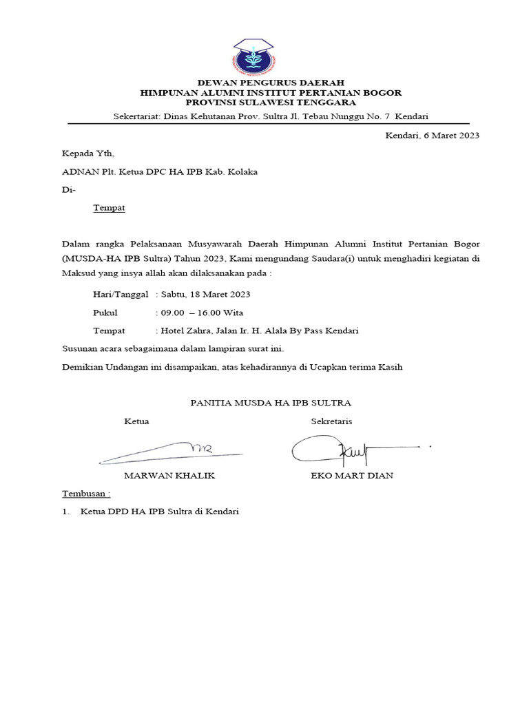 Undangan MUSDA HA IPB Sultra 2023 | PDF