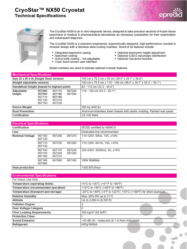 CryoStar NX50 Cryostat Specifications | PDF