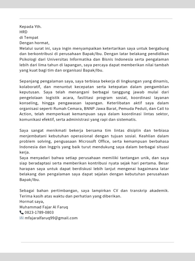 Surat Lamaranapplication Letter (Fajar) PDF | PDF