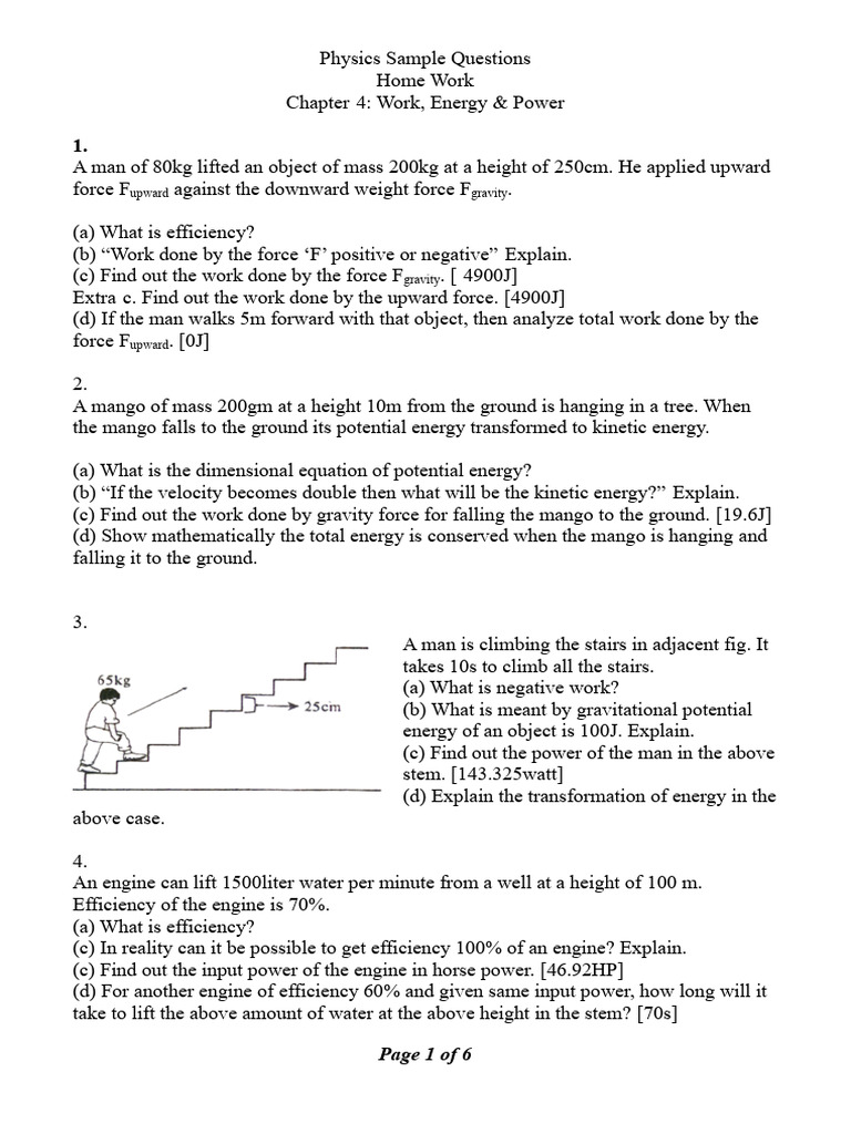 Physics Sample Questions: Work, Energy & Power | PDF | Force ...