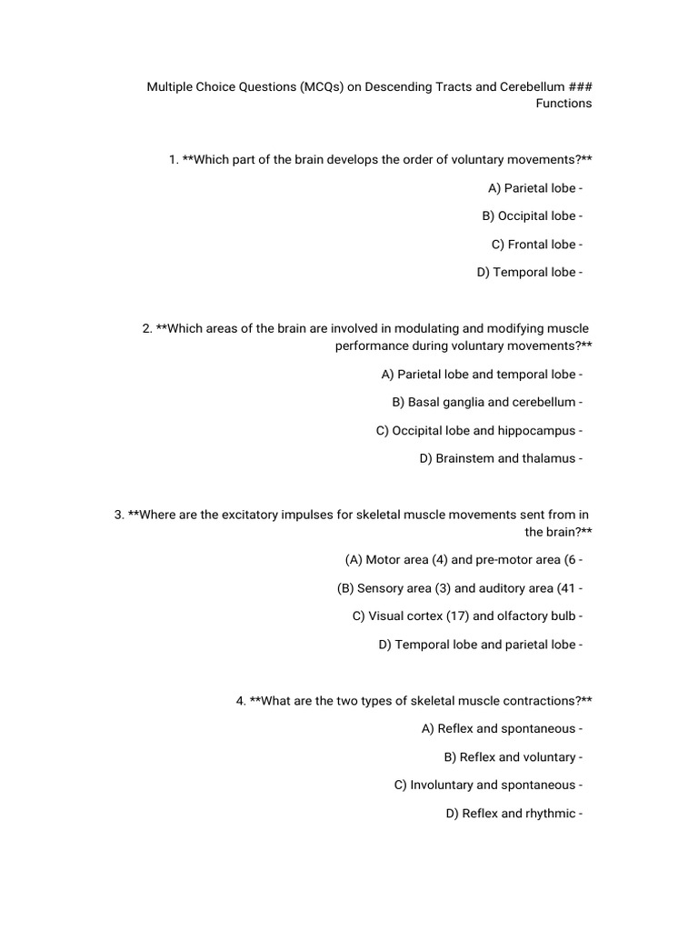MCQ - Motor Function of CNS | PDF | Cerebellum | Brainstem