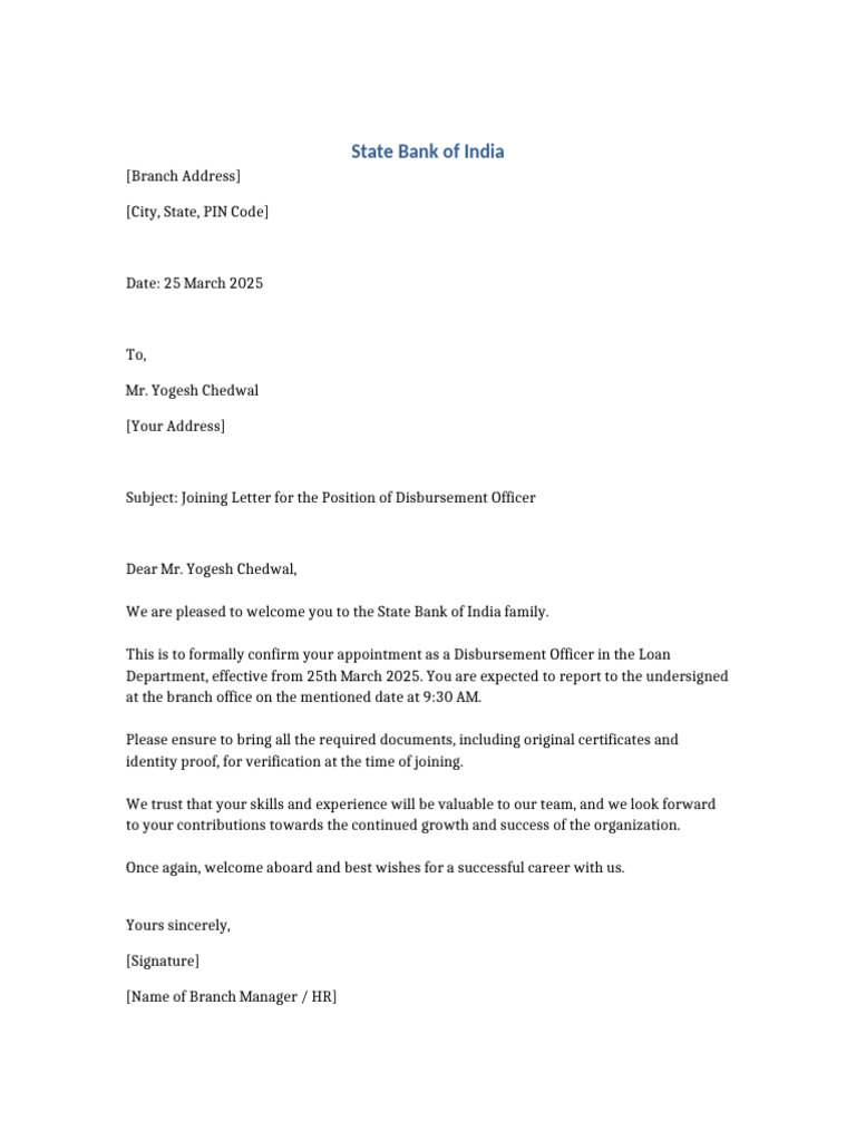 SBI Joining Letter Yogesh Chedwal-1 | PDF