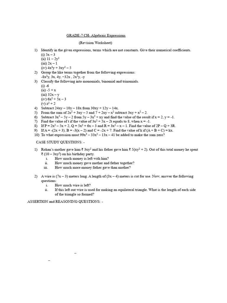 Algebraic Expressions Grade-7 (23-24) | PDF | Algebra | Mathematics