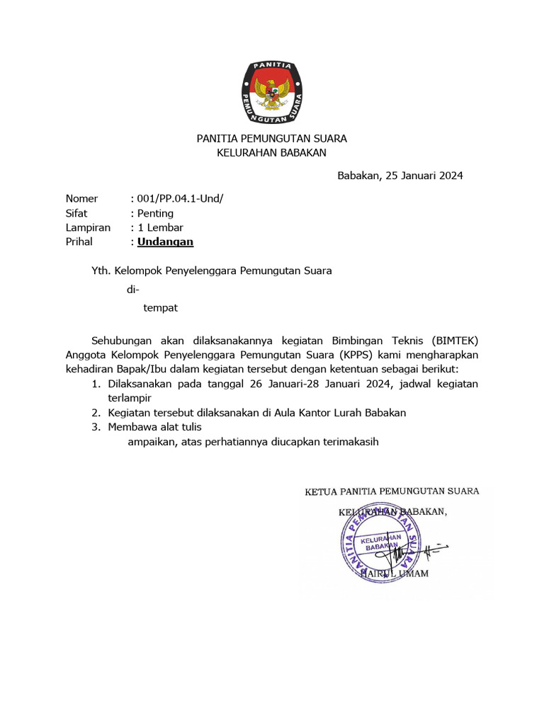 Surat Undangan Bimtek Kpps | PDF