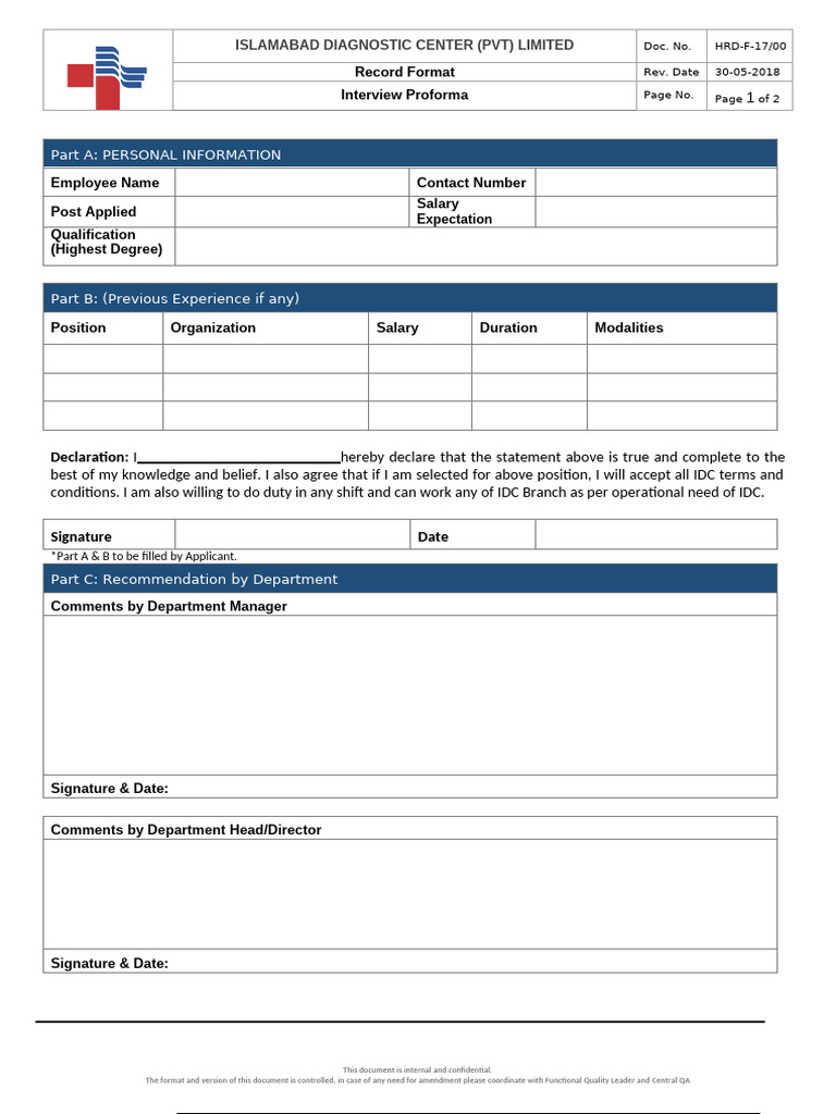 Interview Proforma For HR General Format | PDF