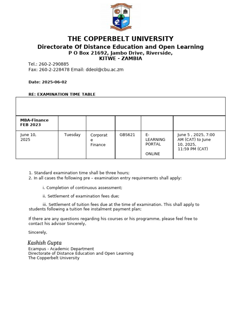Examination Time Table - CBU | PDF