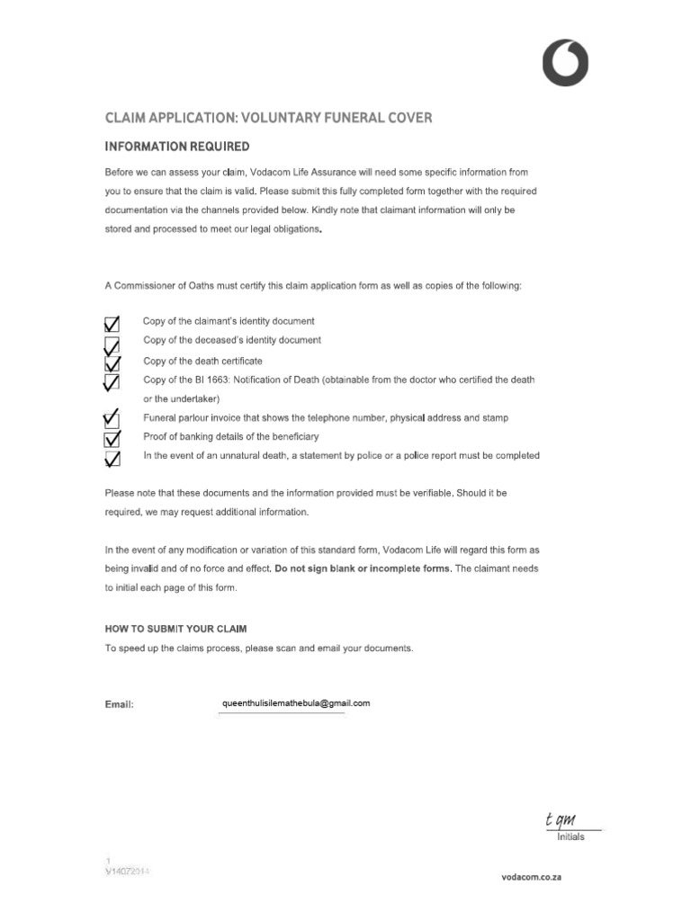 Vodacom Funeral Cover Claim Details | PDF