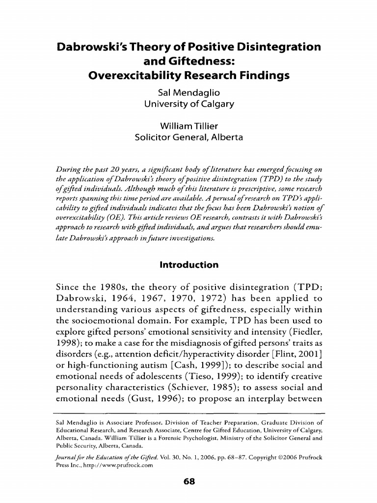 Dabrowski's Theory of Positive Disintegration and Giftedness: Overexcitability Research Findings ...