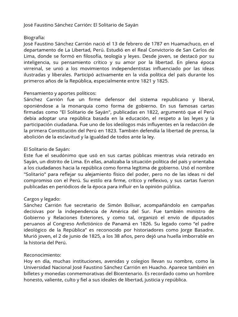Biografía de José Faustino Sánchez Carrión | PDF | Gobierno