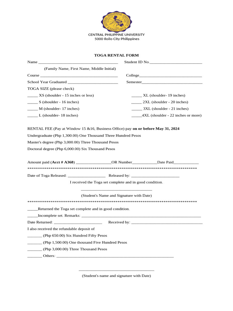 TOGA RENTAL FORM New 2 | PDF