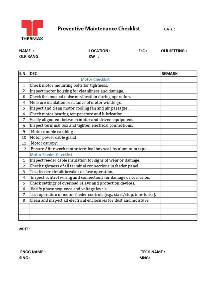 Motor Preventive Maintenance Checklist | PDF