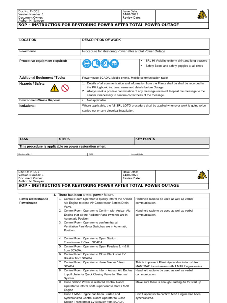 Power Restoration SOP for Outages | PDF