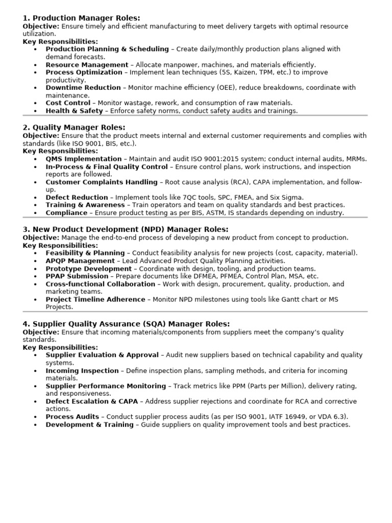 Key Responsibilities in Production Roles | PDF | Audit | Supply Chain