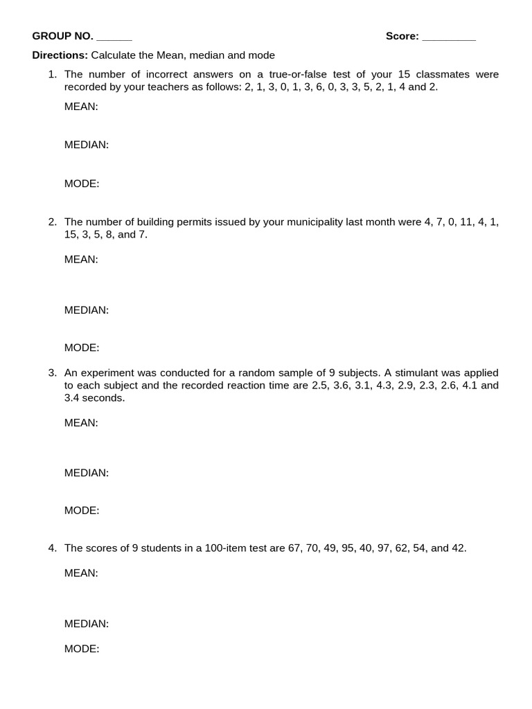 Group Activity 1 Measures of Central Tendency | PDF