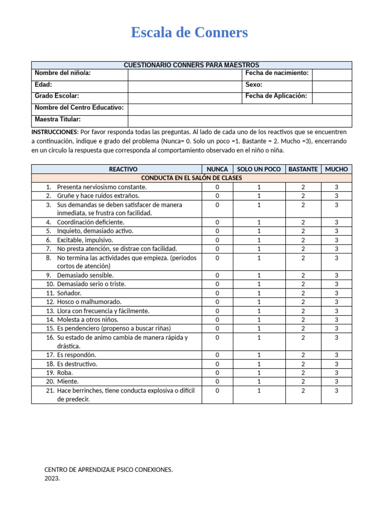 Escala de Conners para Maestros | PDF