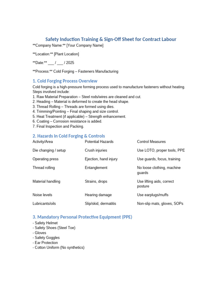 Safety Induction Contract Labour Updated | PDF | Forging | Personal ...