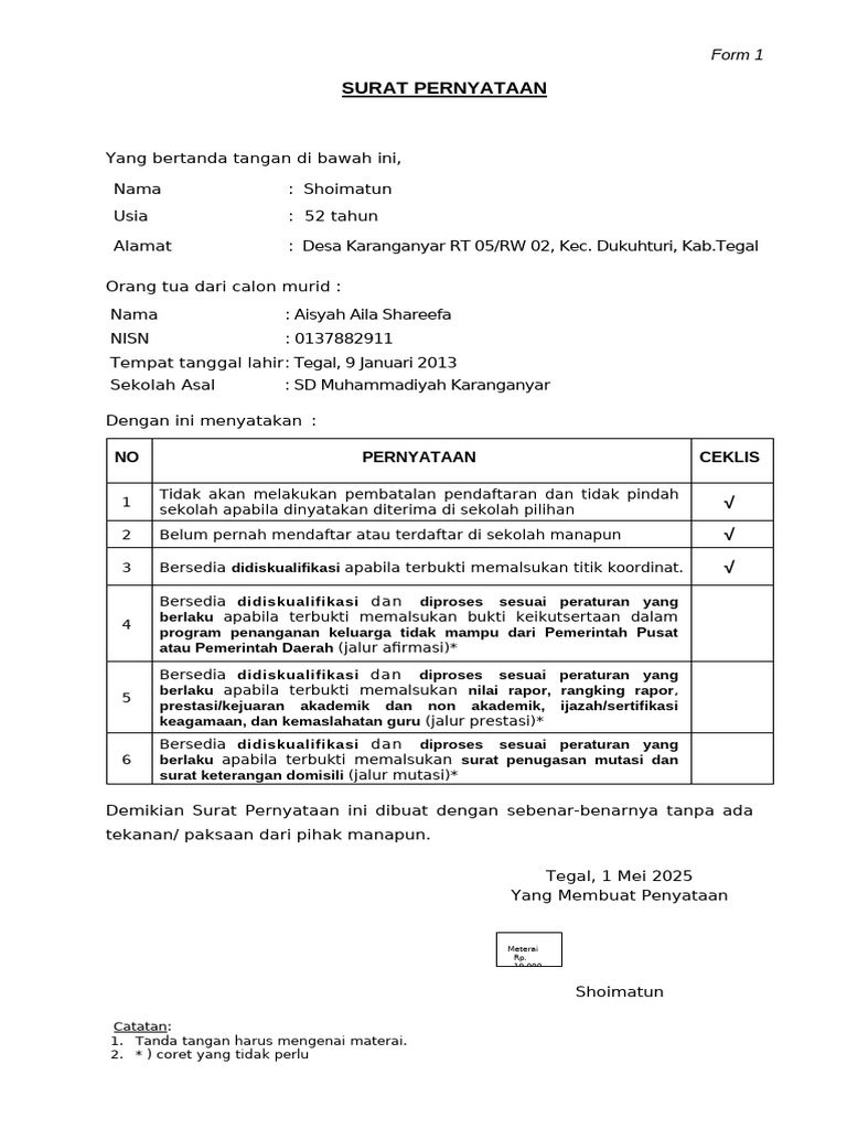 Surat Pernyataan Bermaterai (SPMB) | PDF
