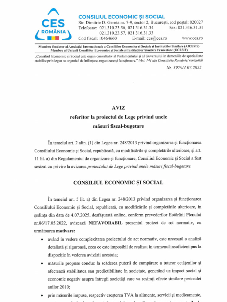 Aviz CES Lege Masuri Bugetare 4072025 | PDF