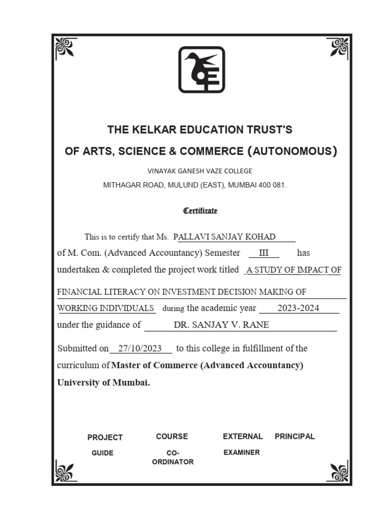 Mcom Sem III Project (Final) | PDF | Financial Literacy | Investing