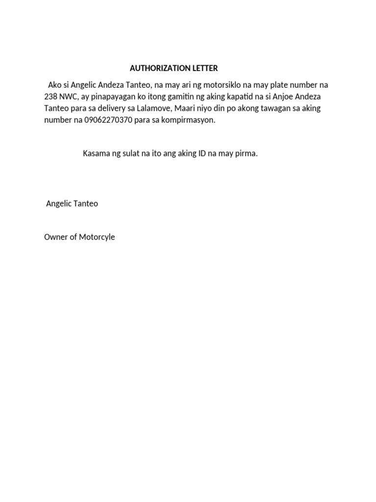 Authorization Letter For Lalamove | PDF