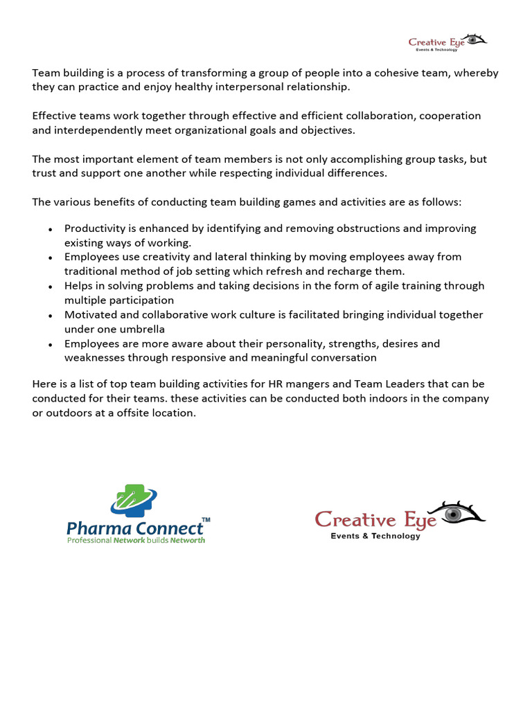 Indoor and Outdoor Team Building Activities | PDF | Team Building