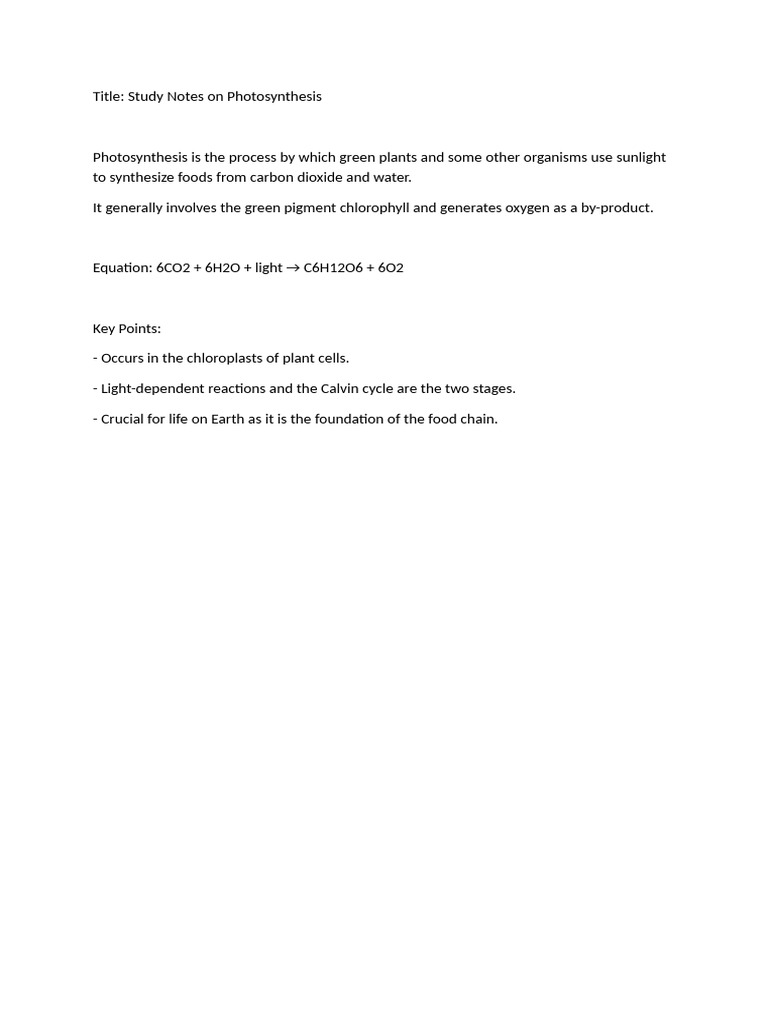 Study Notes On Photosynthesis | PDF