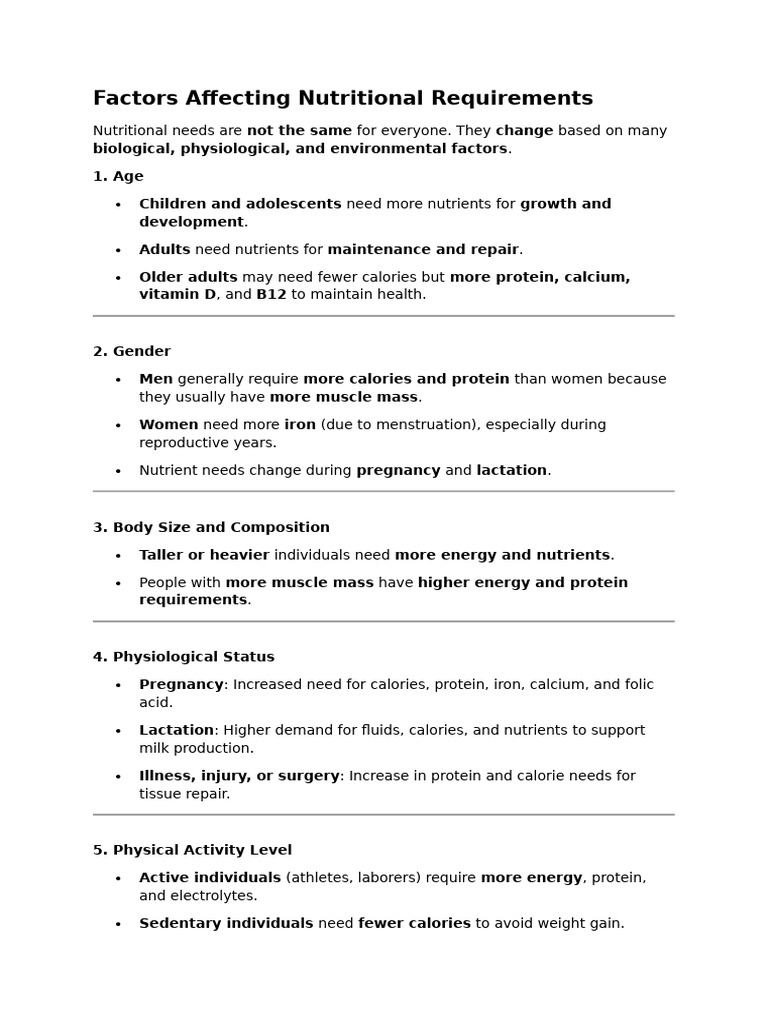Factors Affecting Nutritional Requirements | PDF | Nutrients | Diet ...