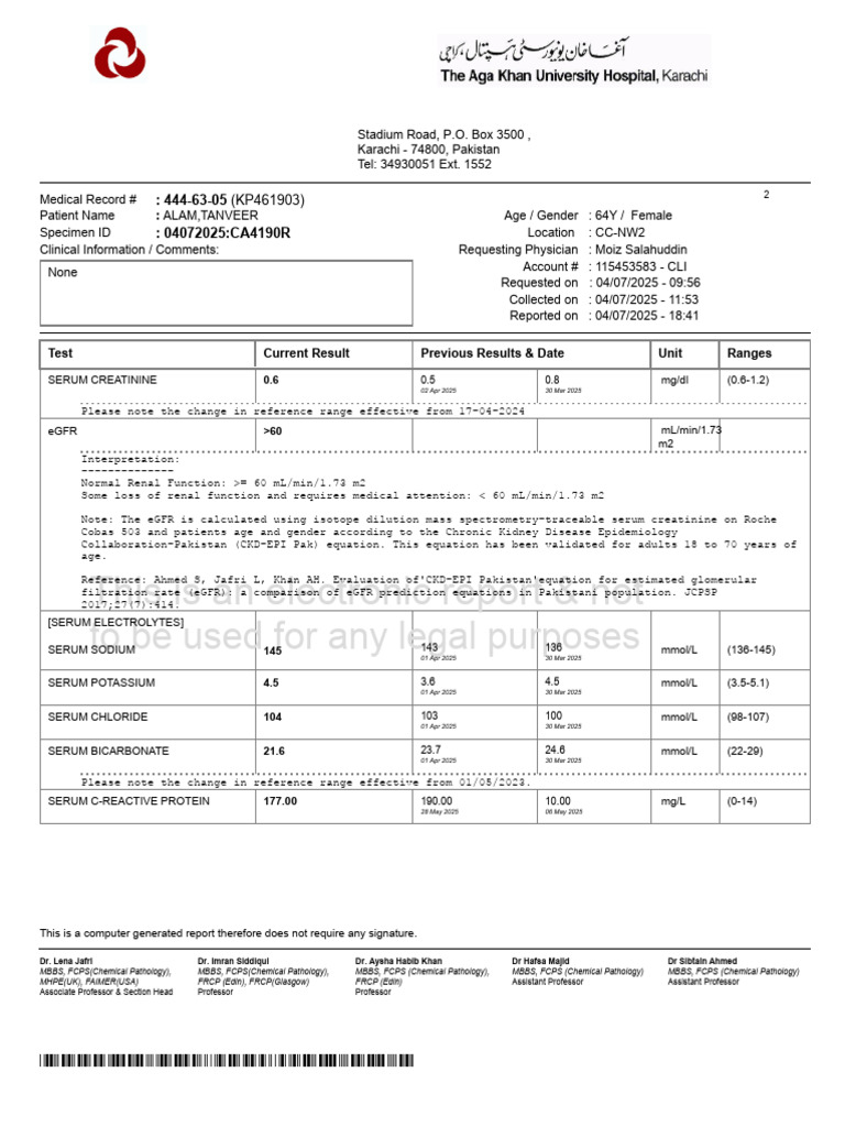 AKU Lab Test Report: eGFR & Creatinine | PDF | Diseases And Disorders ...