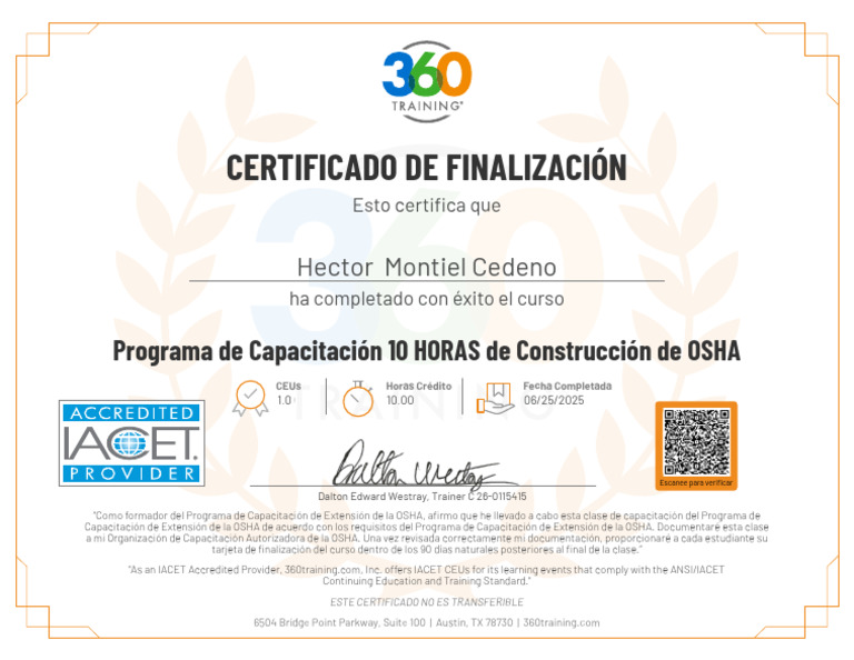Certificasdo OSHA 10 Hector | PDF
