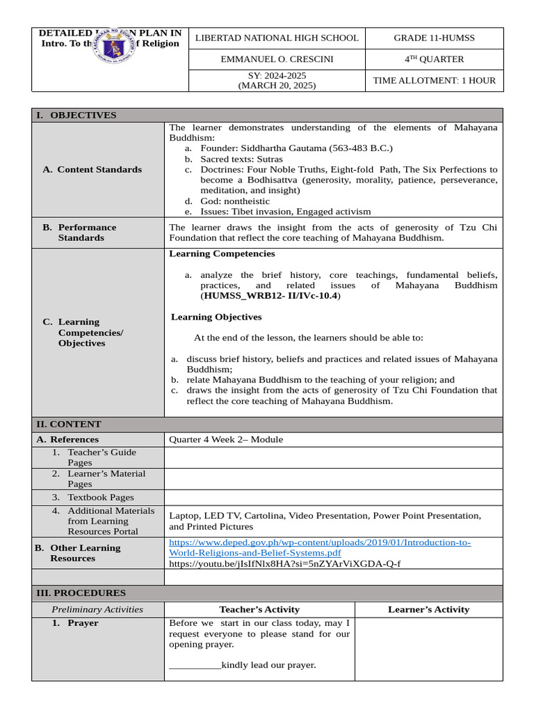 DETAILED LESSON PLAN IN Intro | PDF | Mahayana | Bodhisattva