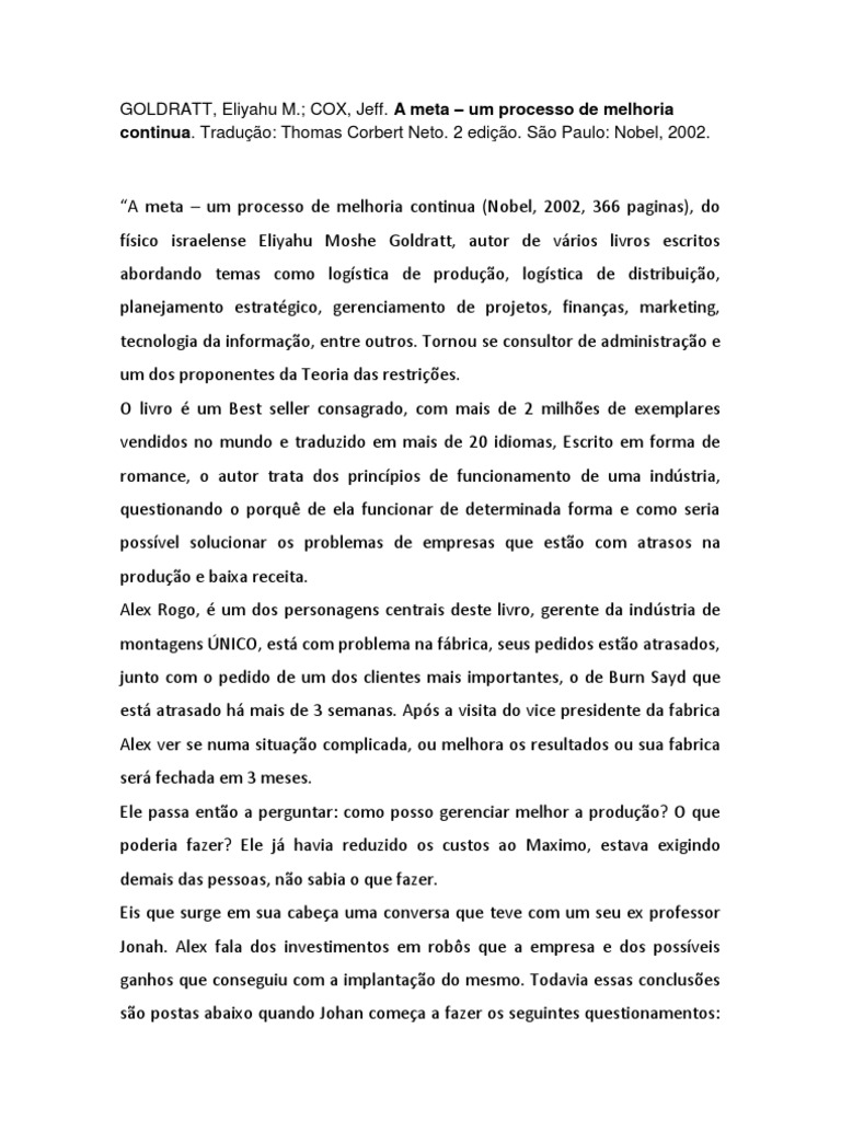 Resenha Livro A Meta | Download grátis PDF | Tempo | Business