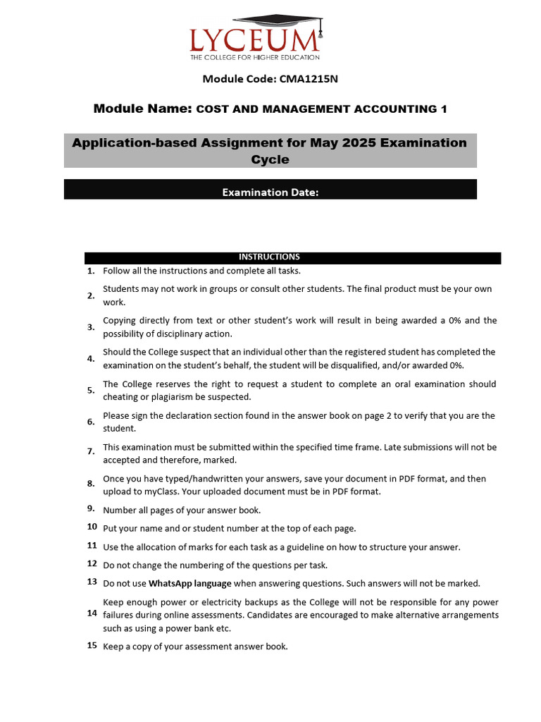 CMA1215N May 2025 Assignment Paper | PDF | Cost | Economies