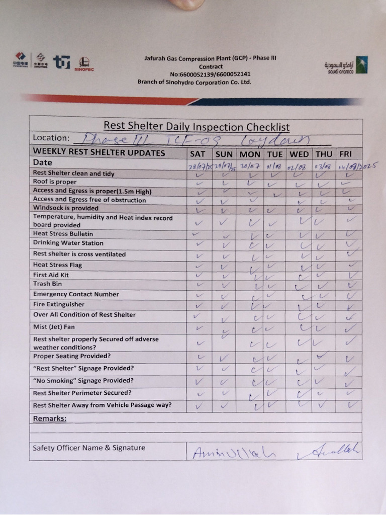 REST Shelter Daily Inspection Checklist 280725-03082025 | PDF