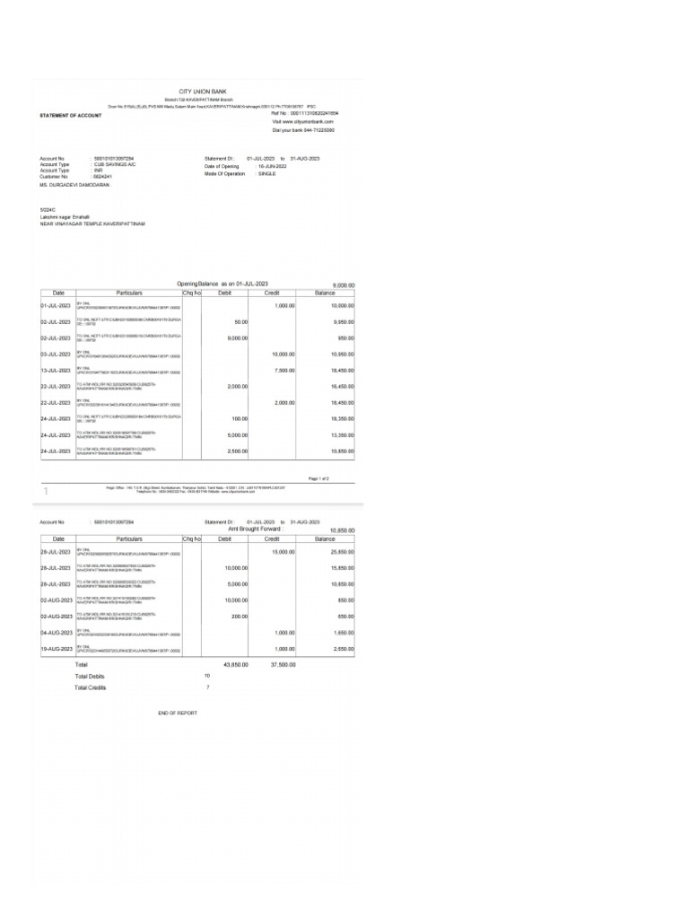 City Union Bank Statement 1 | PDF