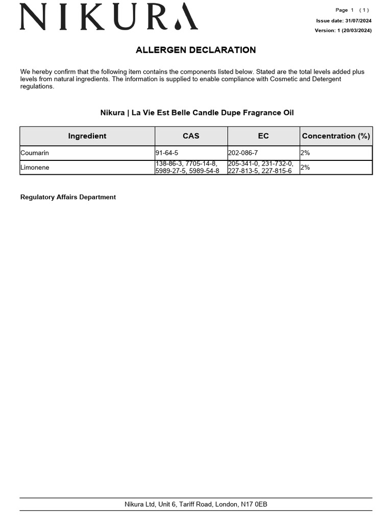 La Vie Est Allergen Declaration | PDF