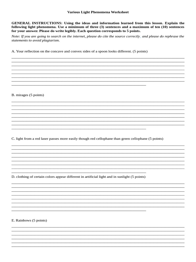 Various Light Phenomena Worksheet | PDF | Rainbow | Earth Phenomena