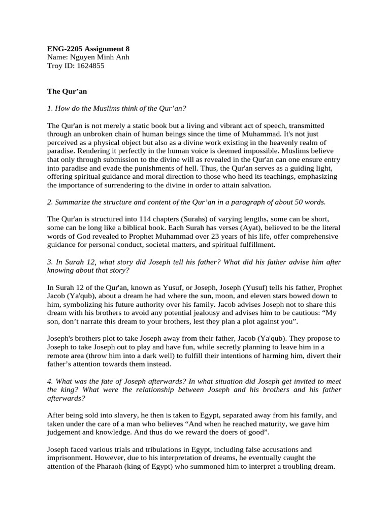 ENG-2205 Assignment 8 - Nguyen Minh Anh 1624855 | PDF | Quran | Islam