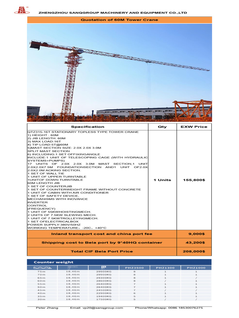 96m Topkit Tower Crane Quotation | PDF | Crane (Machine) | Welding