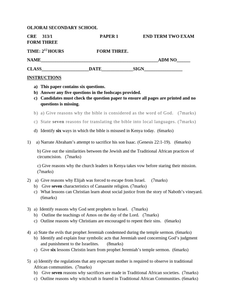 CRE Exam Paper for Form Three Students | PDF